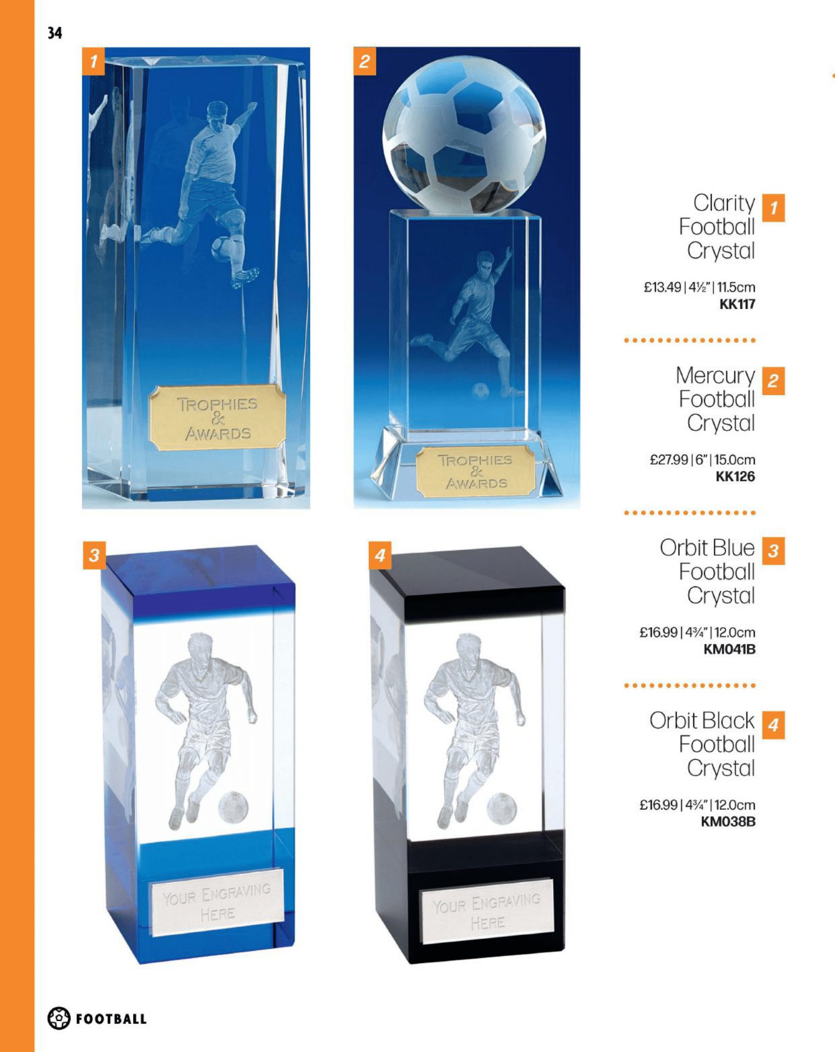 Football glass trophies and awards
